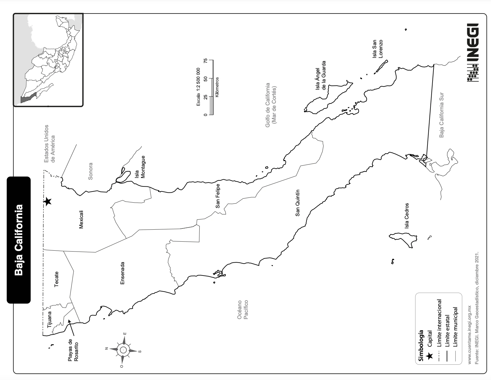 Mapa de Baja California con nombres y sin nombres